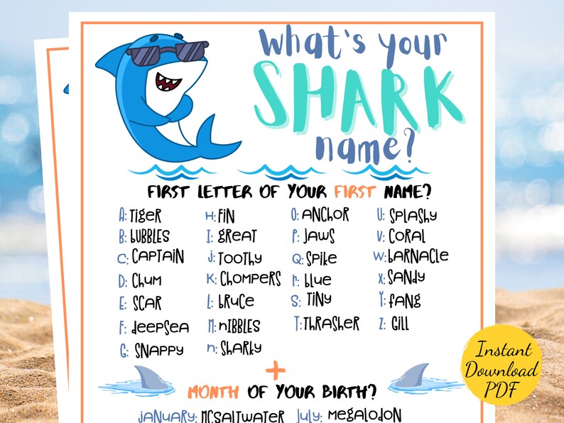 What's Your SHARK NAME Printable Summer and Beach Party Game Shark Name ...