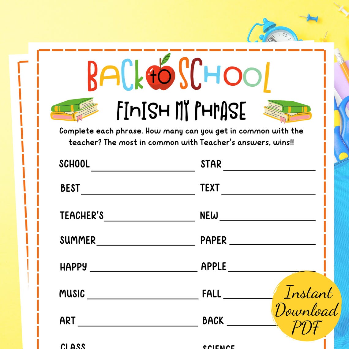 FINISH THE PHRASE Back to School Game - First Day of School Activity ...