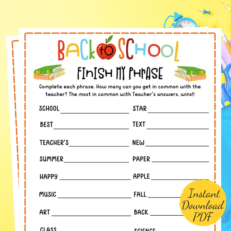 FINISH THE PHRASE Back to School Game - First Day of School Activity ...