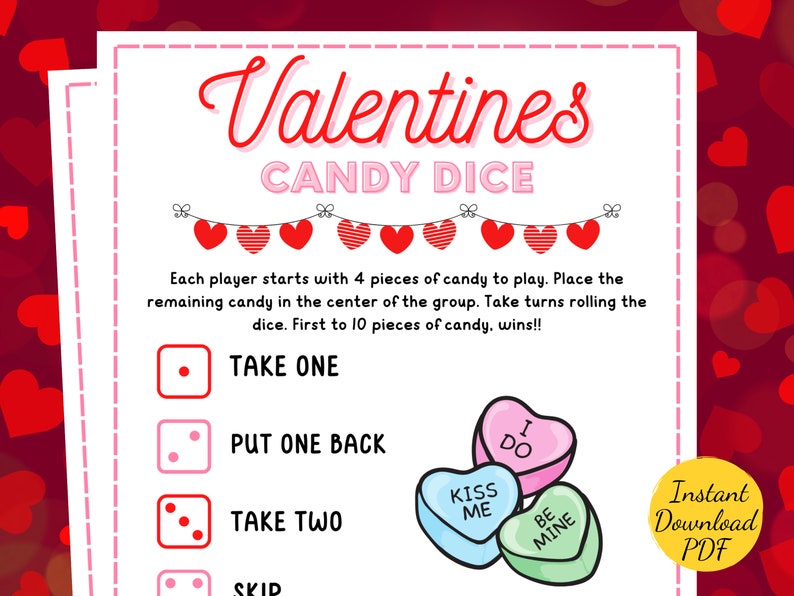 Valentines Day CANDY DICE Game Valentines Day Party Game Printable ...