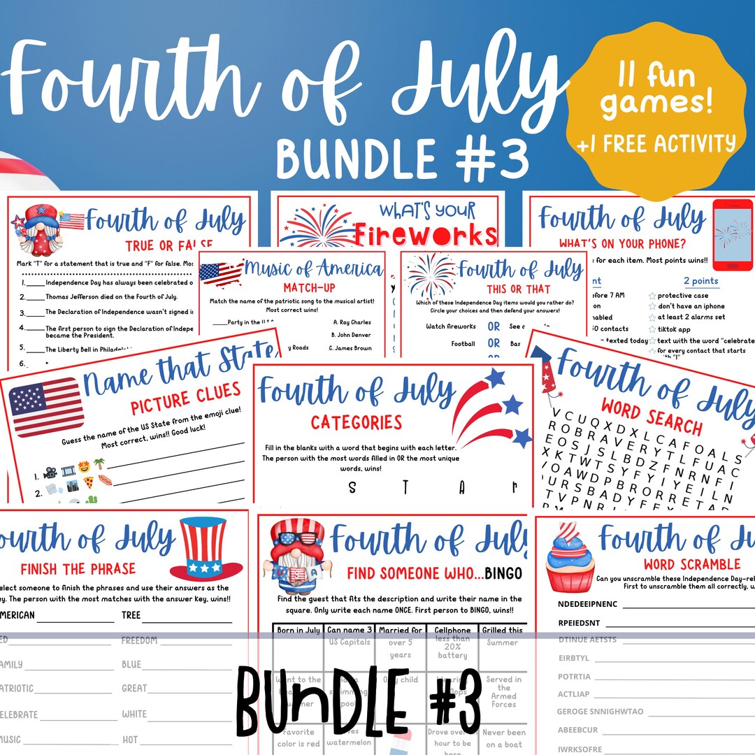 4th of July Games BUNDLE #3: Printable Independence Day Activities ...