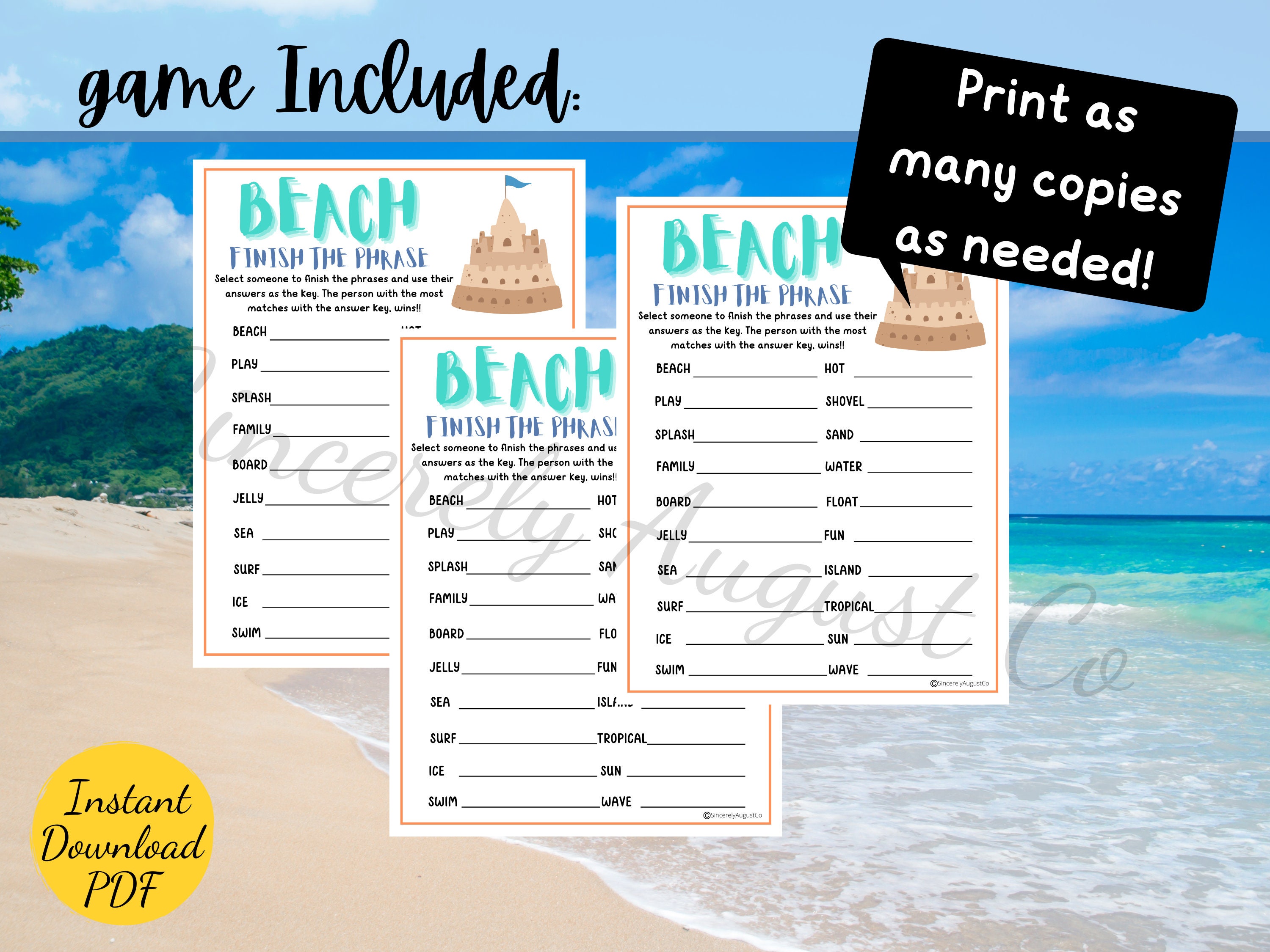 Beach FINISH the PHRASE Game: Summer Party Fun (printable PDF) - Etsy