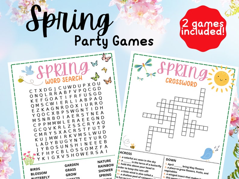 Spring WORD SEARCH Spring CROSSWORD Printable Spring Season Party Game ...
