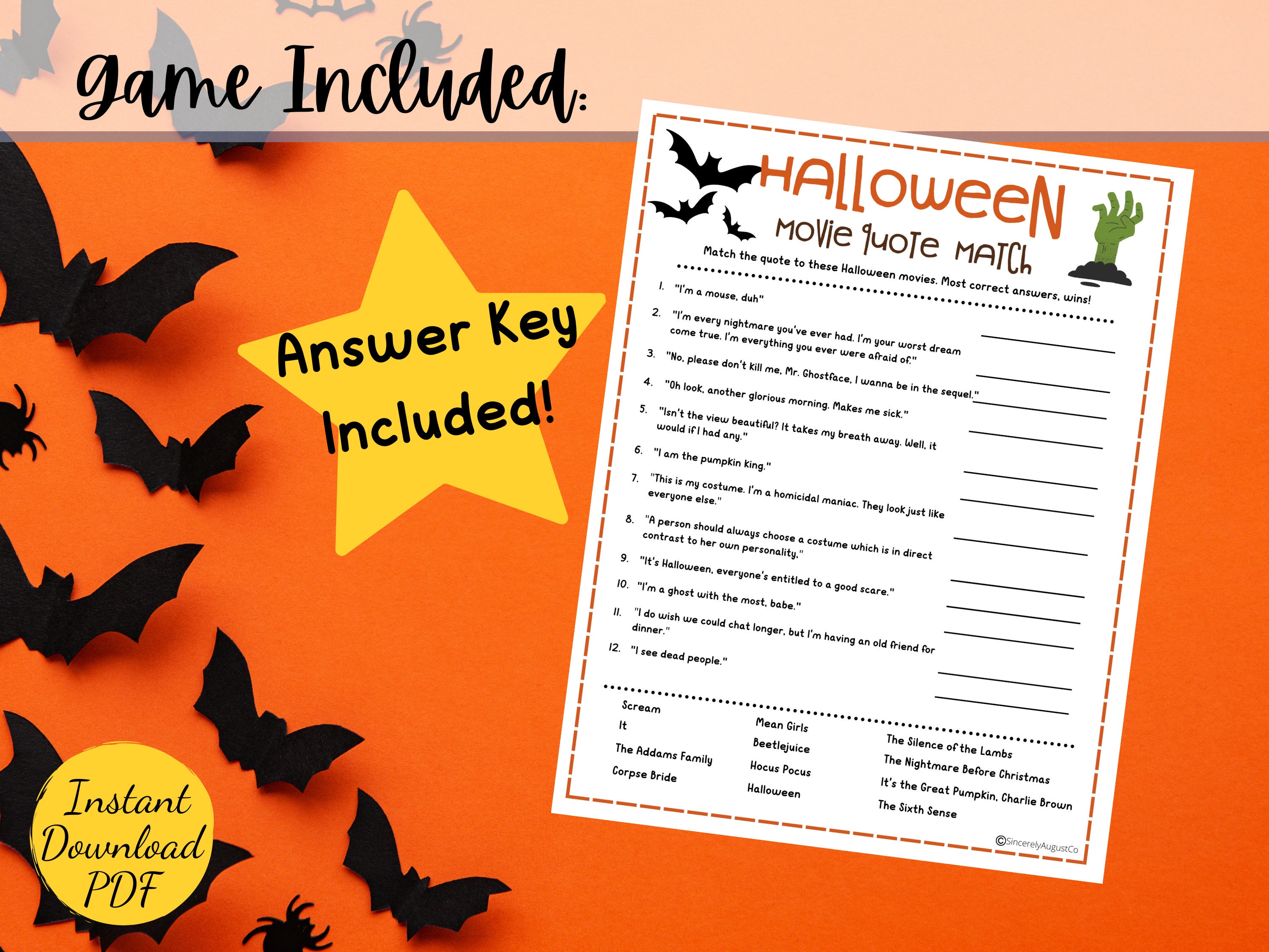 Halloween MOVIE QUOTE MATCH Halloween Party Game Printable Halloween ...
