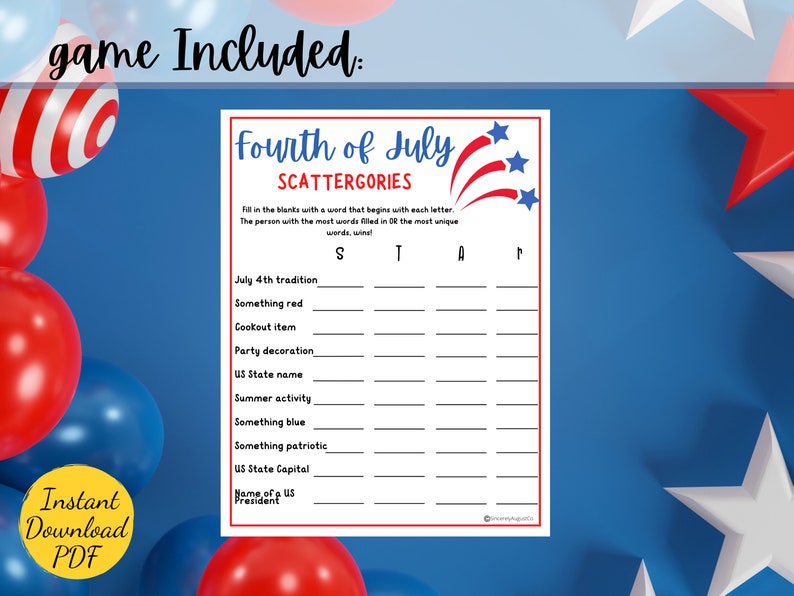 Fourth of July SCATTERGORIES July 4th Party Game Printable July 4th ...