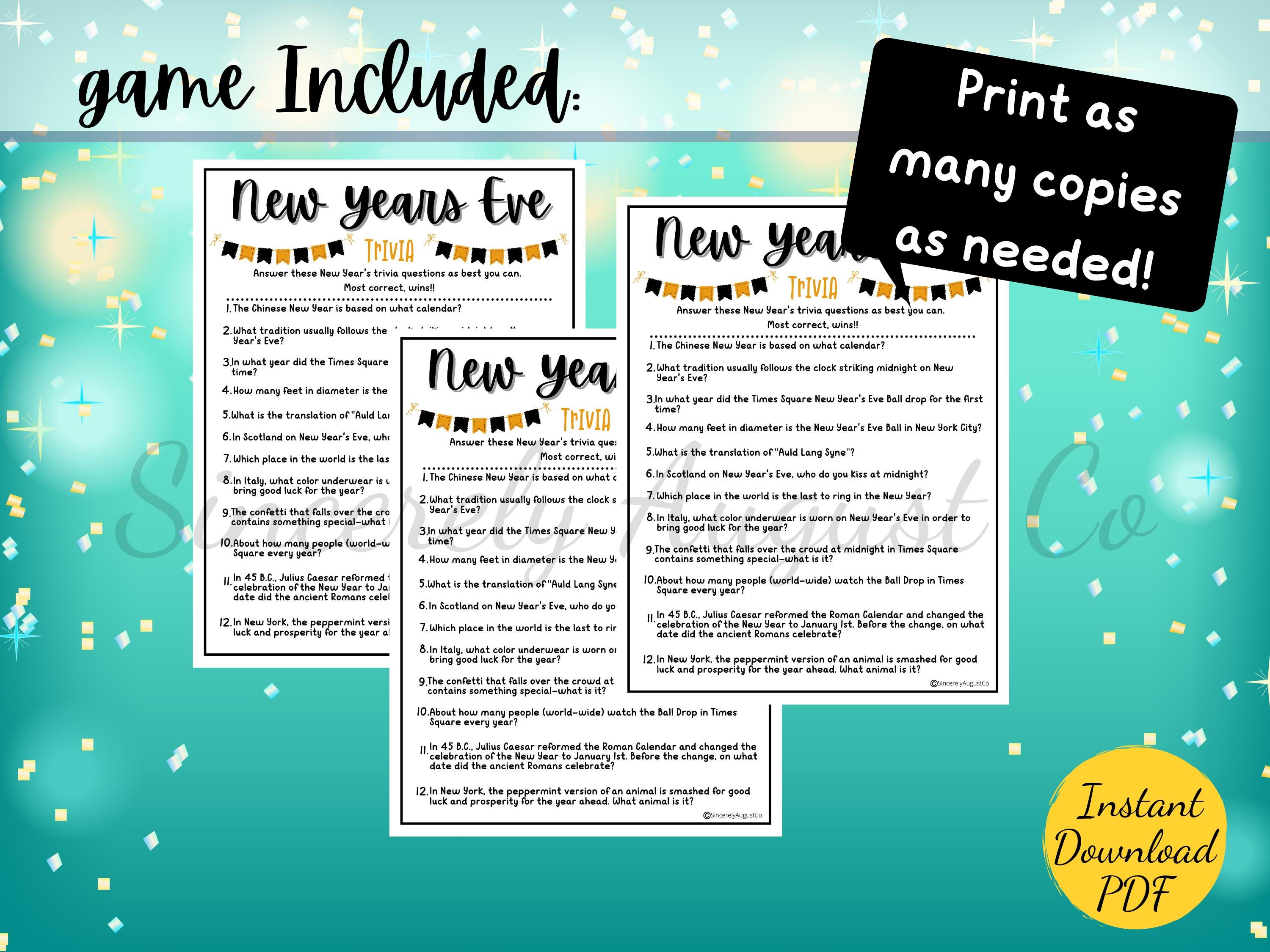 New Years Eve TRIVIA Game - New Years Eve Party Game - Printable New ...