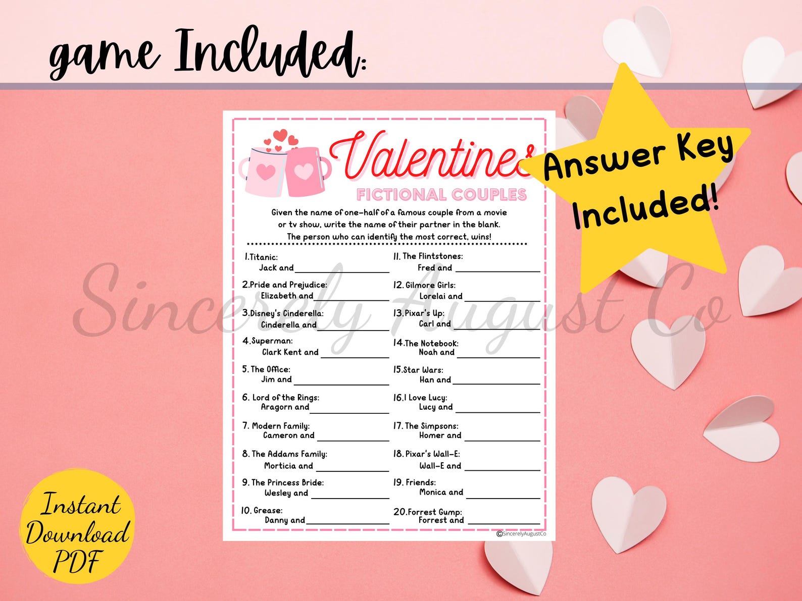 Valentines Day FICTIONAL COUPLES Game - Valentines Day Party Game ...