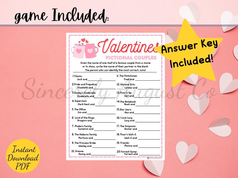 Valentine's FICTIONAL COUPLES Game: Printable Party Quiz (PDF) - Etsy