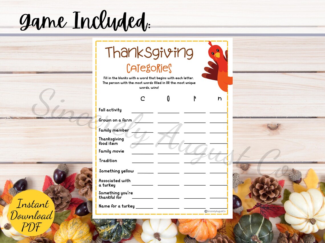 Thanksgiving CATEGORIES - Printable Thanksgiving Party Game ...