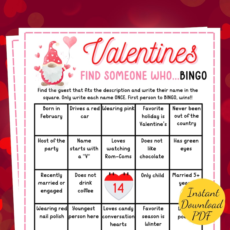 Valentine's FIND SOMEONE Who BINGO Game: Printable Party Game (digital ...