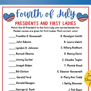 Fourth of July PRESIDENTIAL COUPLES Matching Game - July 4th Party Game ...