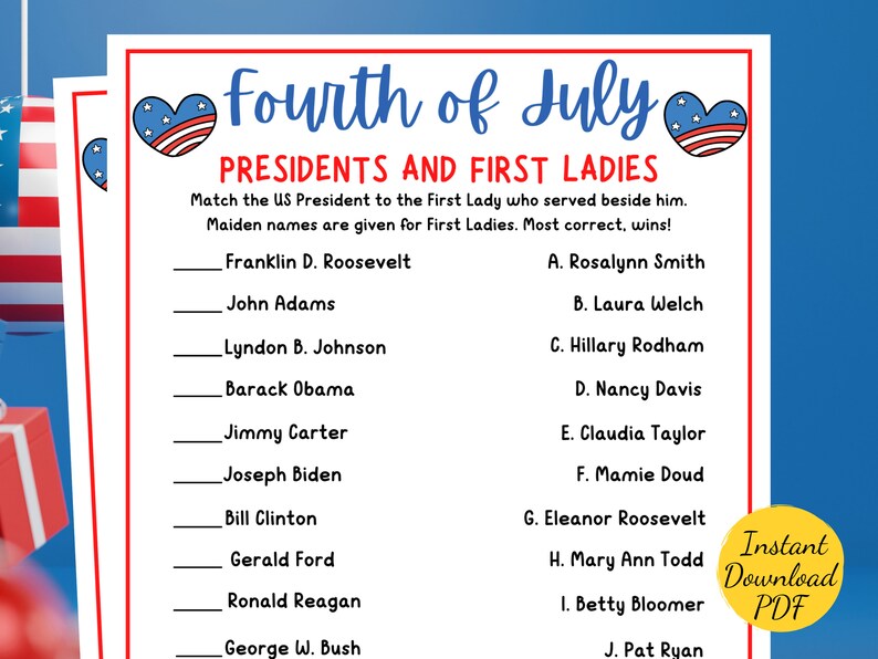 Fourth of July PRESIDENTIAL COUPLES Matching Game July 4th Party Game ...