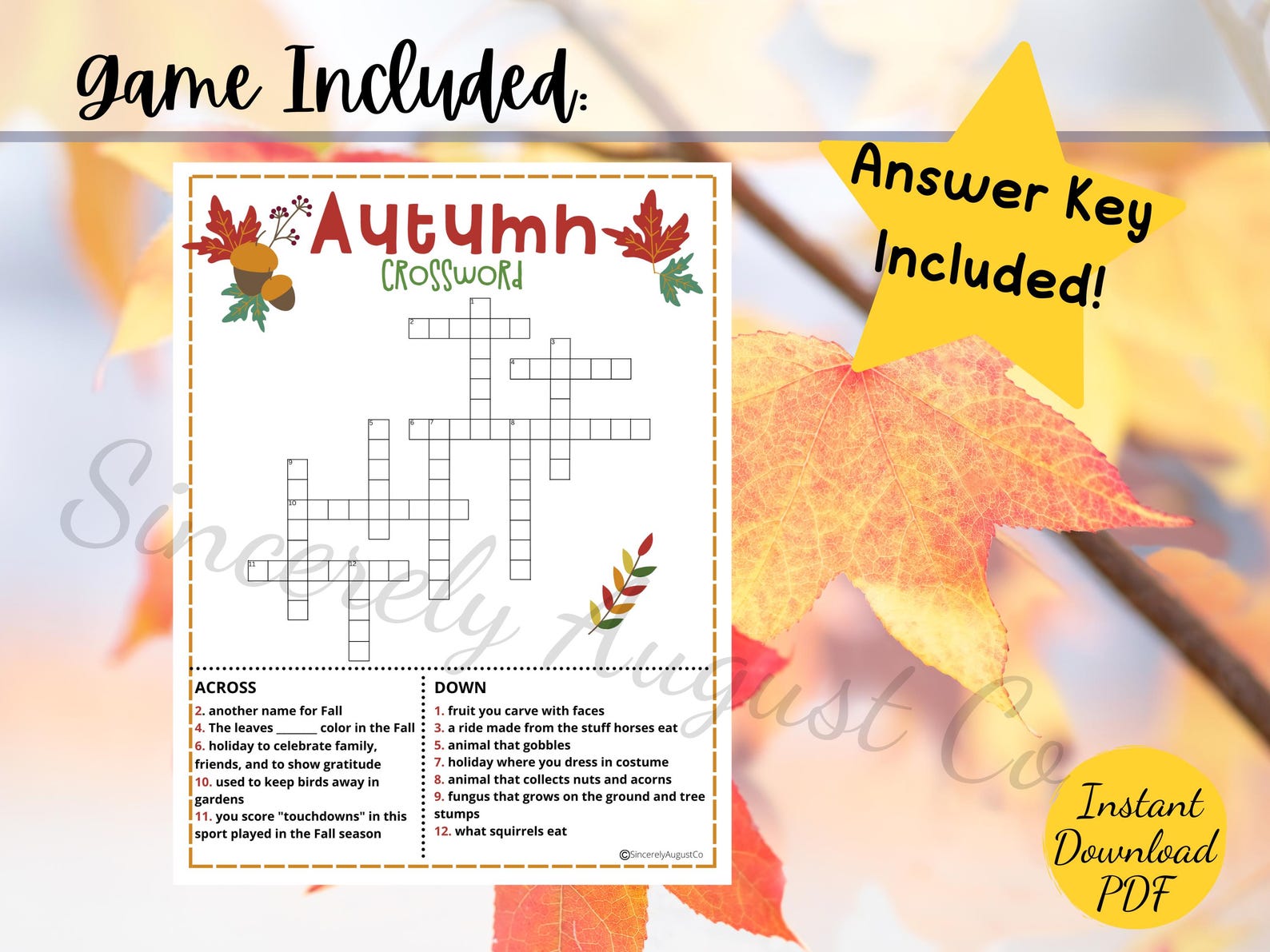 Fall WORD SEARCH Fall CROSSWORD Printable Fall Season Game Autumn Word ...