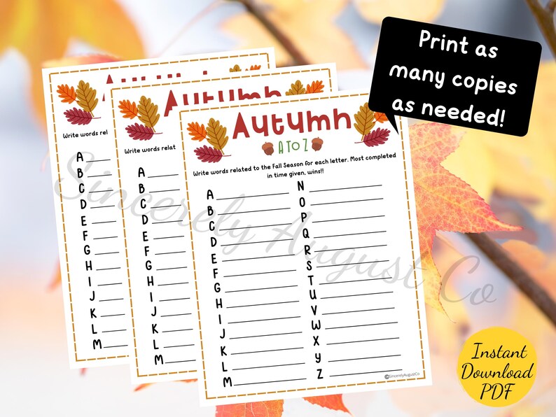 A TO Z Fall Party Game - Printable Autumn Party Game - Fall Word Game ...