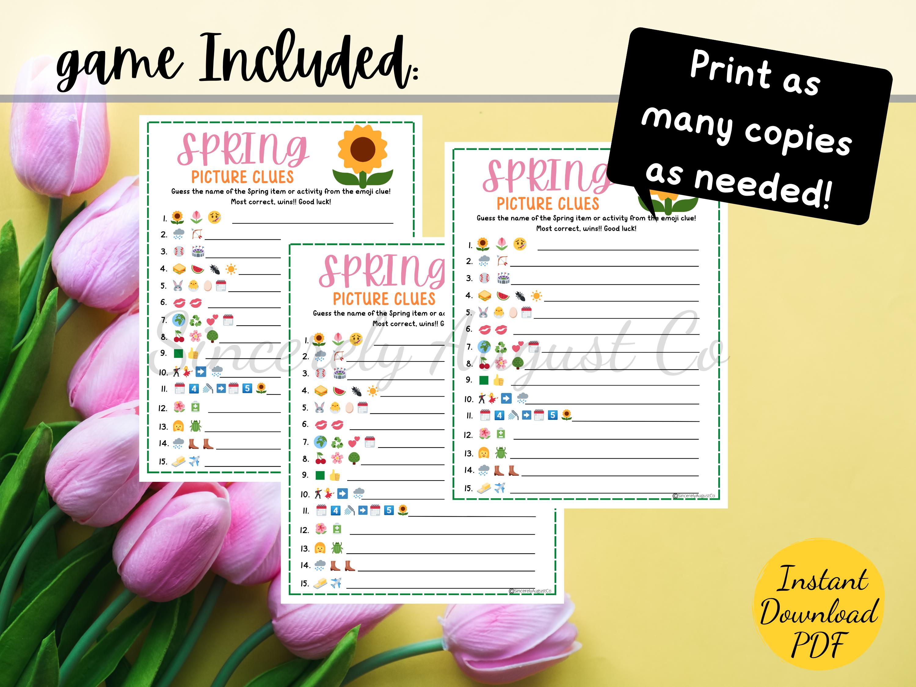 Spring PICTURE CLUES Game: Printable Emoji Pictionary Party Activity ...