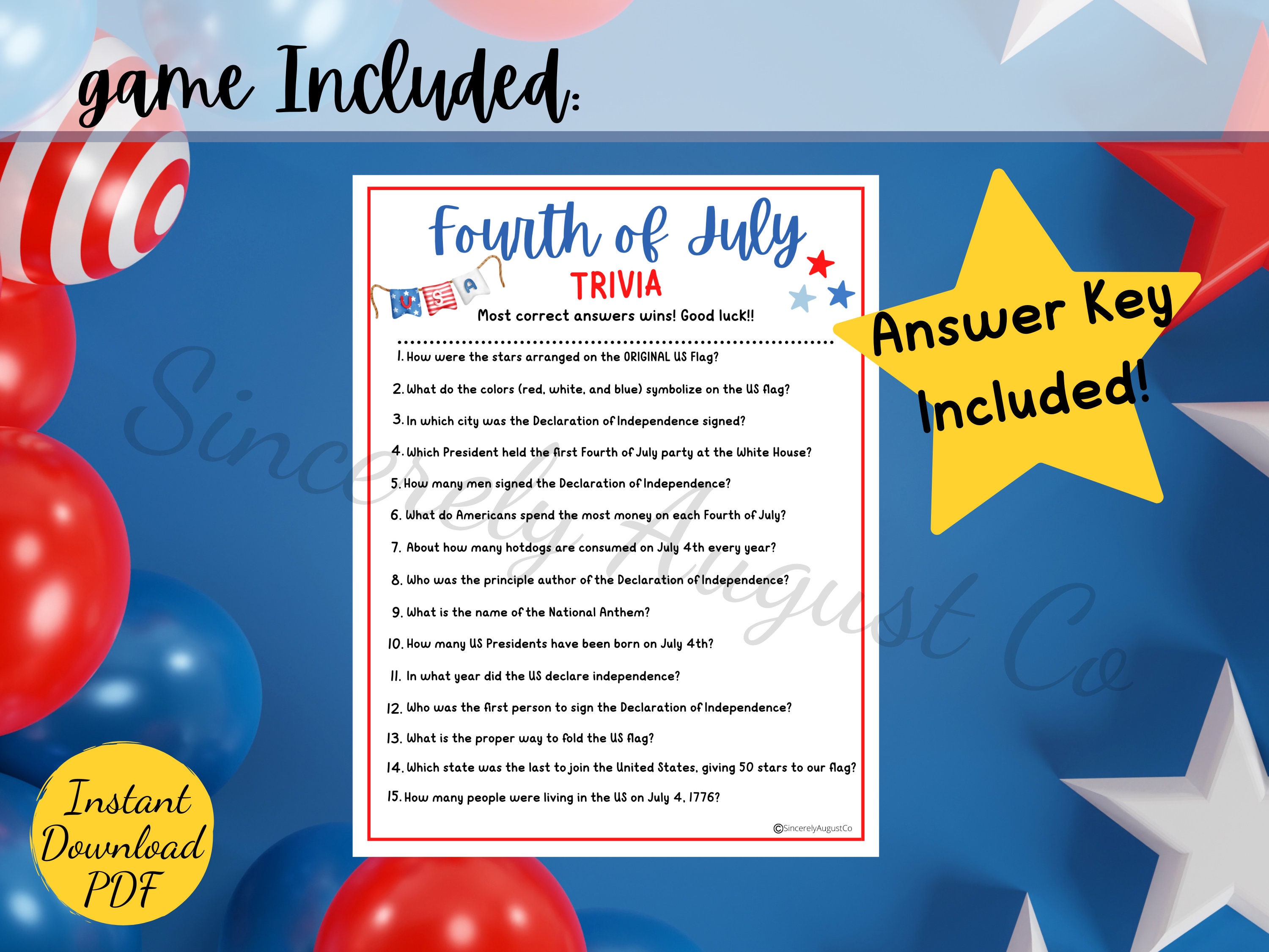 Fourth of July TRIVIA Game - July 4th Party Game - Printable July 4th ...