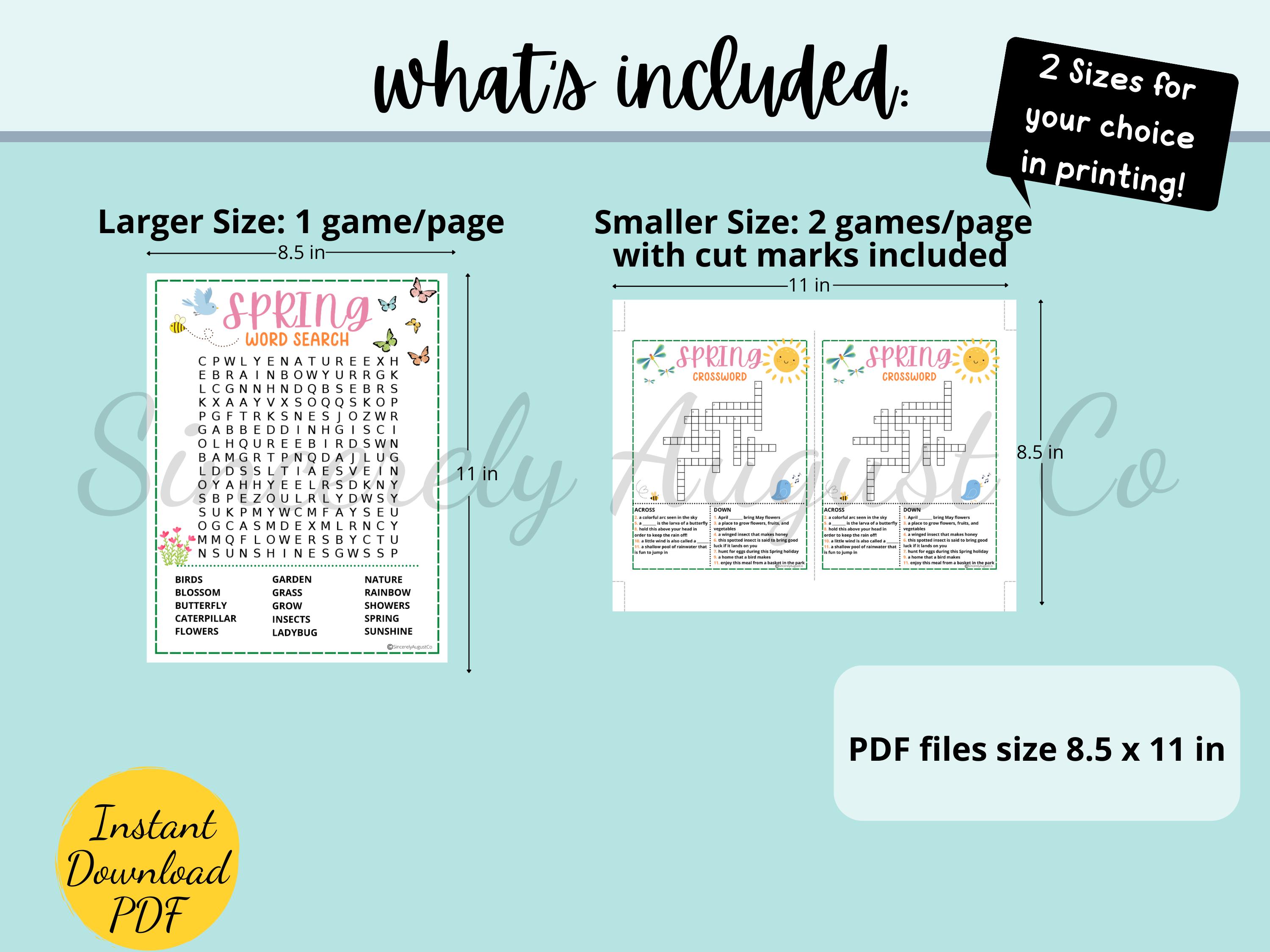 Spring WORD SEARCH - Spring CROSSWORD - Printable Spring Season Party ...