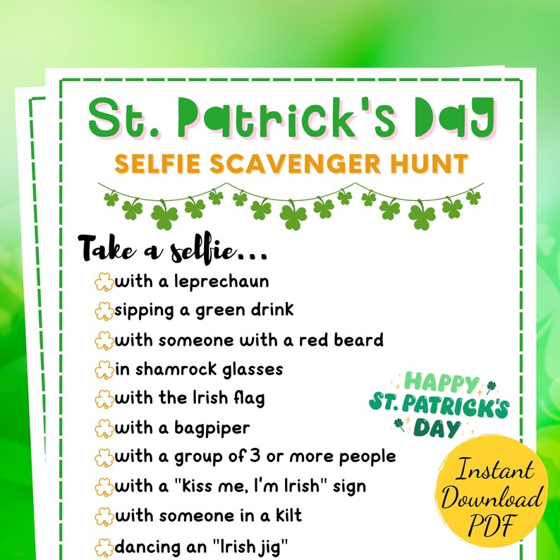 St. Patrick's Day SELFIE SCAVENGER HUNT Game (printable) - Etsy