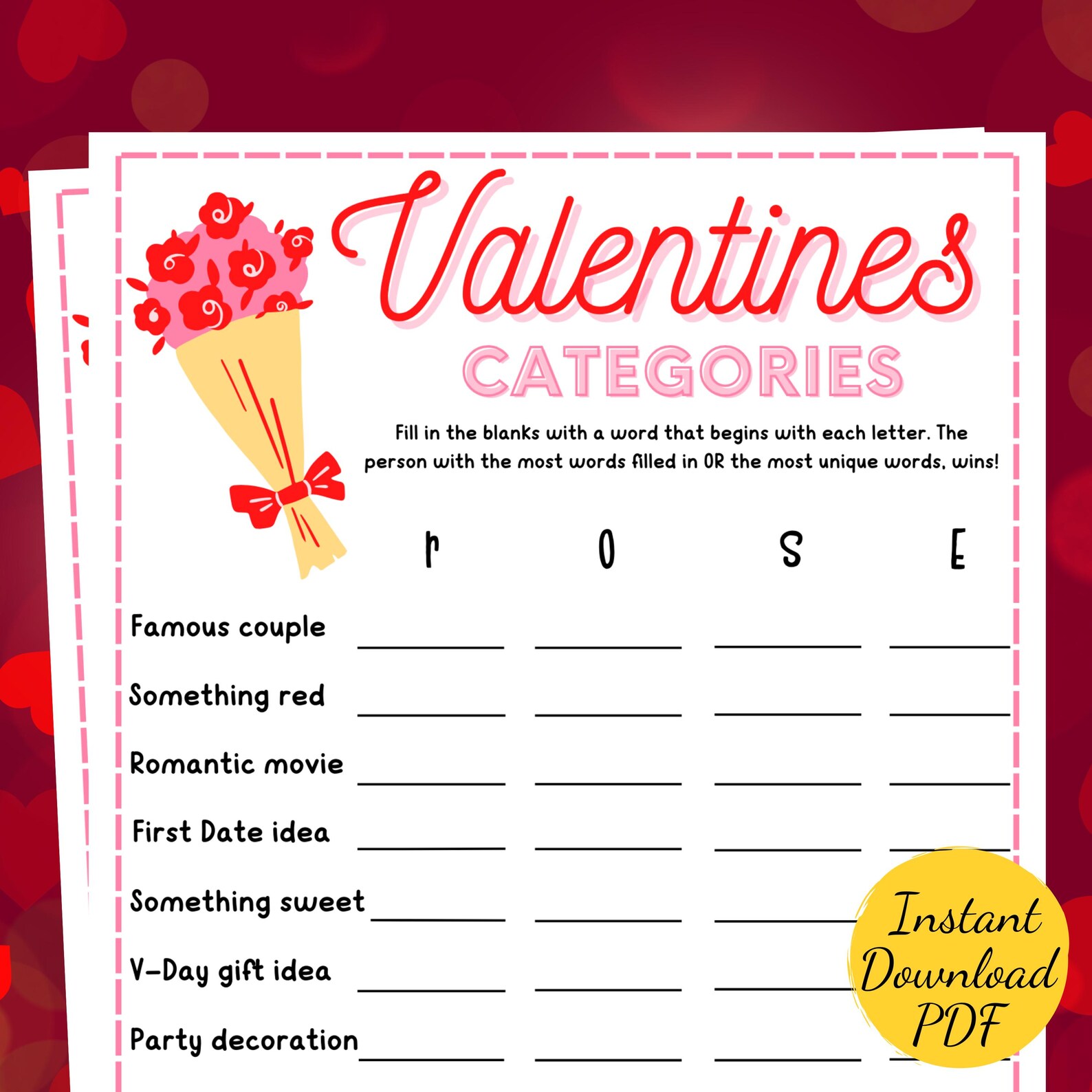 Valentines Day CATEGORIES Game - Valentines Day Party Game - Printable ...
