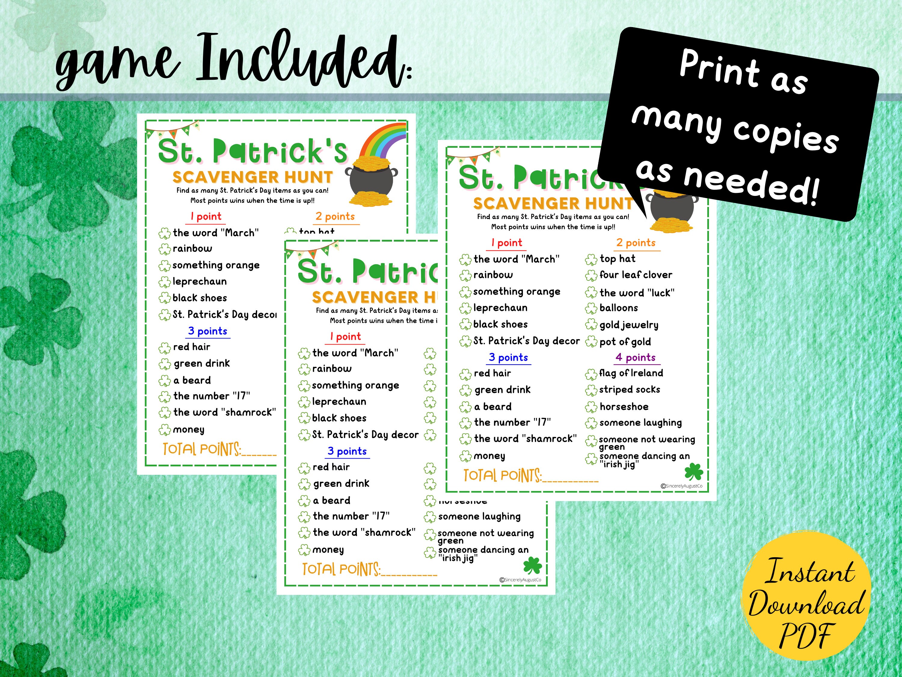 St. Patrick's Day SCAVENGER HUNT St. Patrick's Day Party Game Printable ...