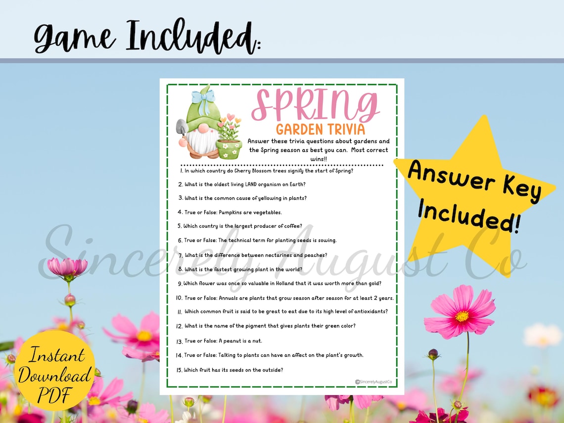 Spring GARDEN TRIVIA Game - Printable Spring Season Party Game - Spring ...