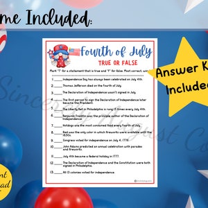 Fourth of July TRUE OR FALSE Game - July 4th Party Game - Printable ...