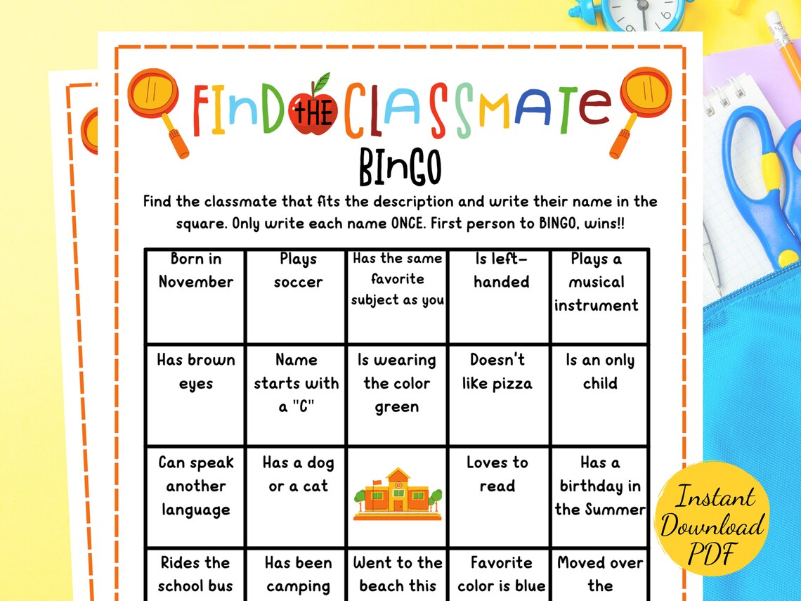 Back to School BINGO Game Find the Classmate Bingo First Day of School ...