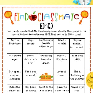 Back to School BINGO Game Find the Classmate Bingo First - Etsy