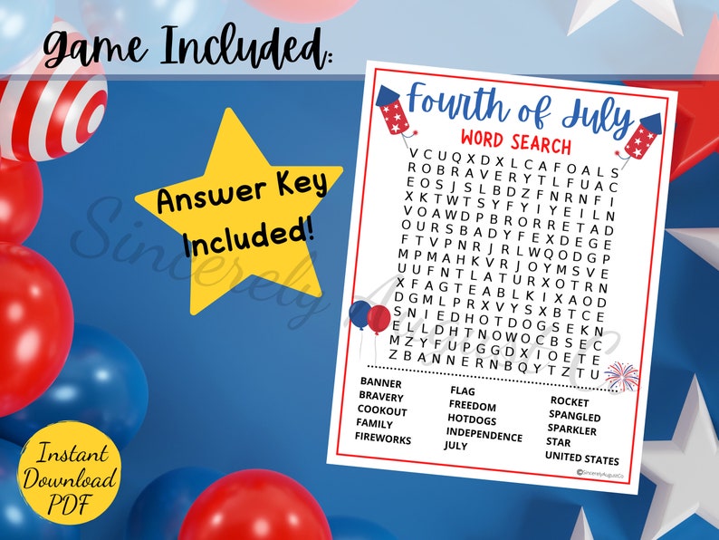 Fourth of July WORD SEARCH - Fourth of July CROSSWORD - July 4th Party ...