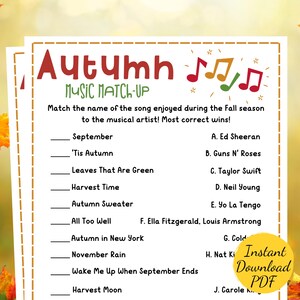 Fall MUSIC MATCH Game - Printable Autumn Party Game - Fall Music ...