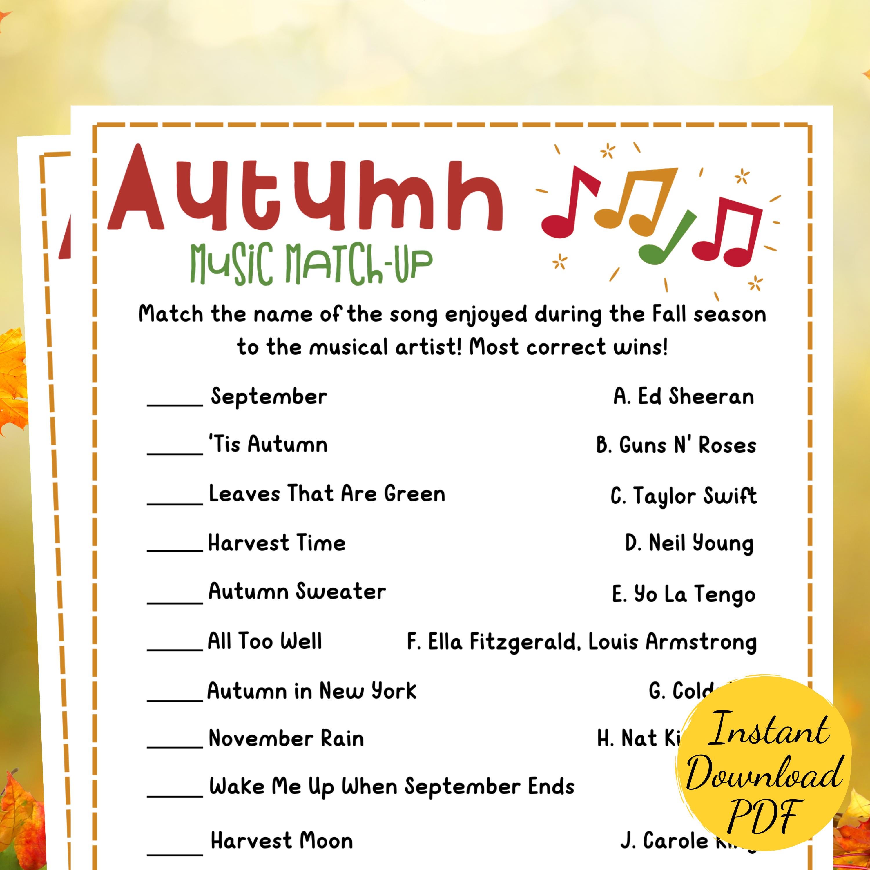 Fall MUSIC MATCH Game - Printable Autumn Party Game - Fall Music ...