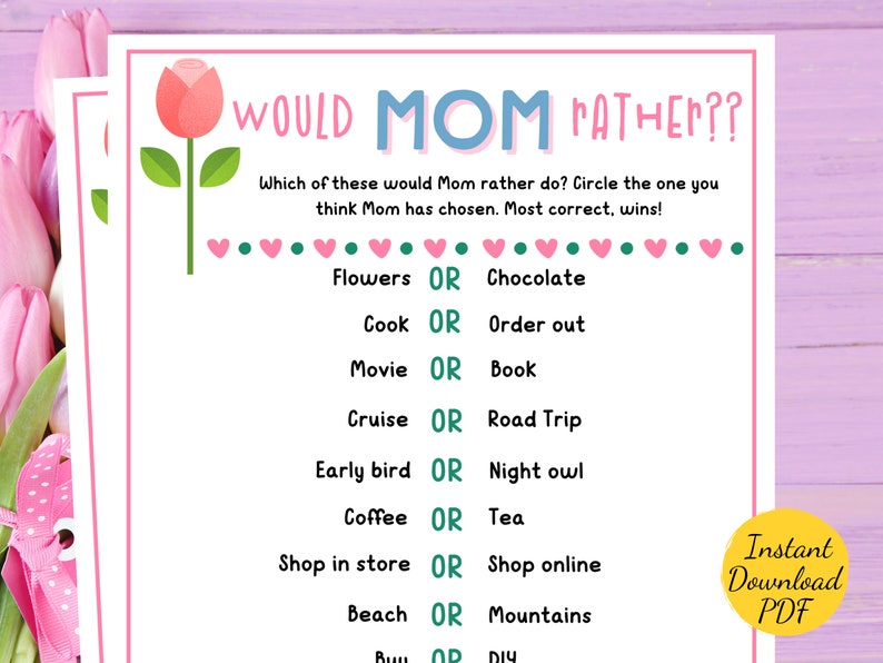 WOULD MOM RATHER Mothers Day Game Mothers Day Party Game Printable ...