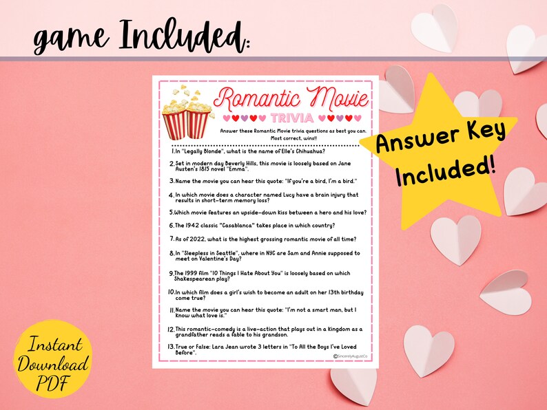 Romantic Movie TRIVIA Game Valentines Day Party Game - Etsy