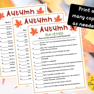 TRUE OR FALSE Fall Game Fall Trivia Game Fun Printable Autumn Activity ...