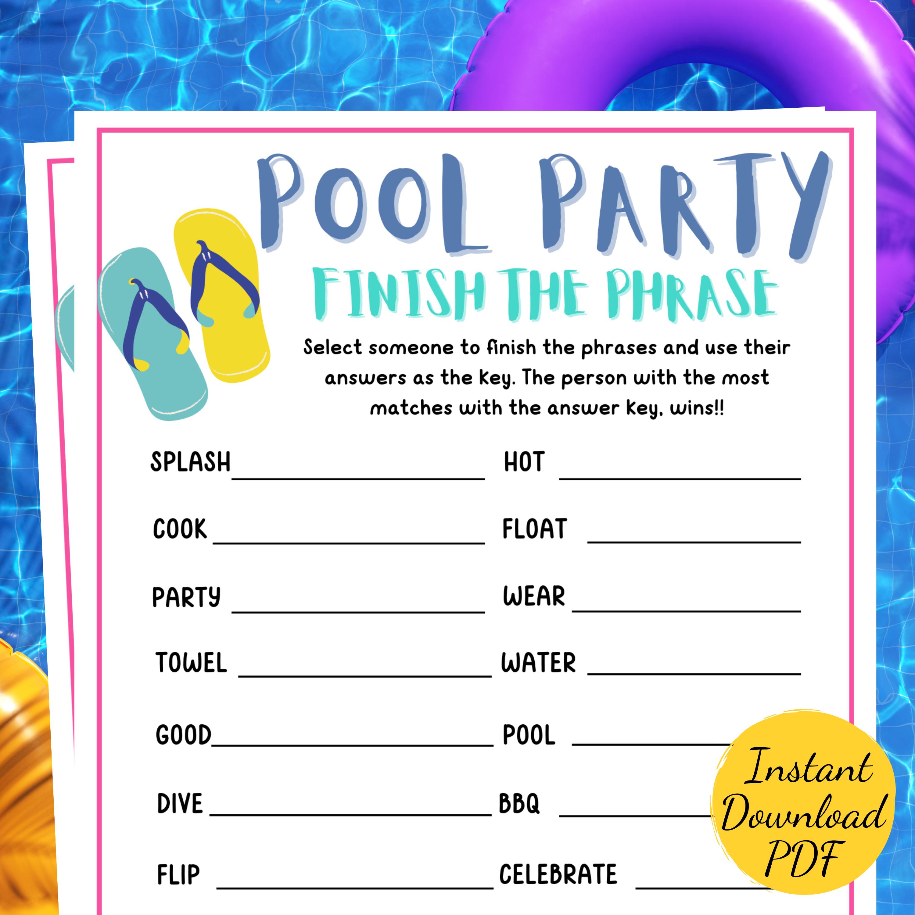 Pool Party FINISH the PHRASE Game: Printable Summer Fun (PDF) - Etsy