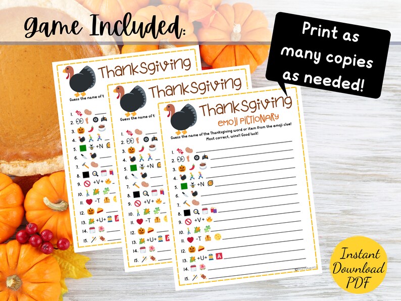 EMOJI PICTIONARY Thanksgiving Game Printable Thanksgiving Party ...