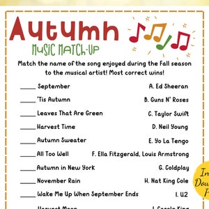 Fall MUSIC MATCH Game Printable Autumn Party Game Fall - Etsy