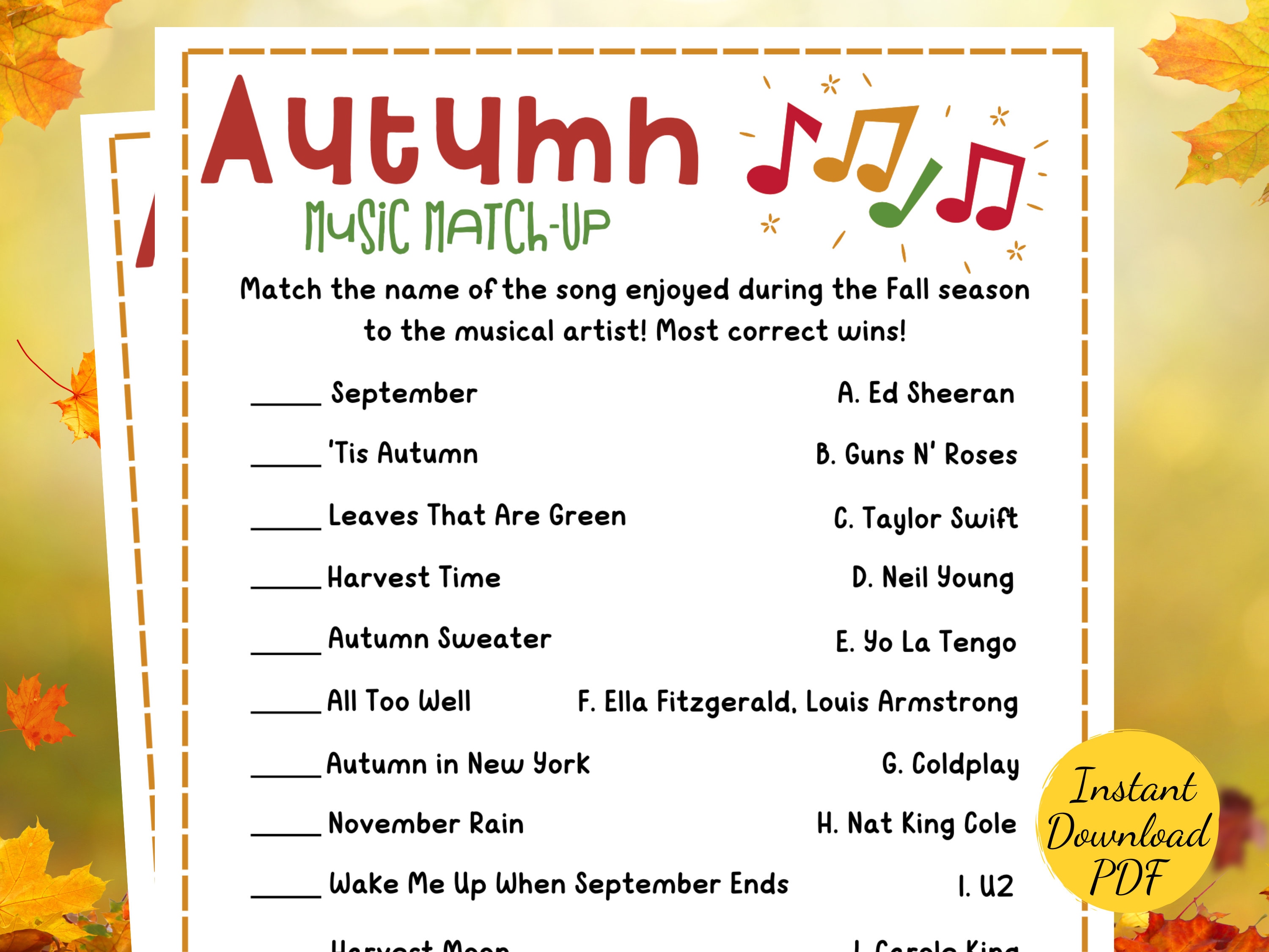 Fall MUSIC MATCH Game Printable Autumn Party Game Fall - Etsy