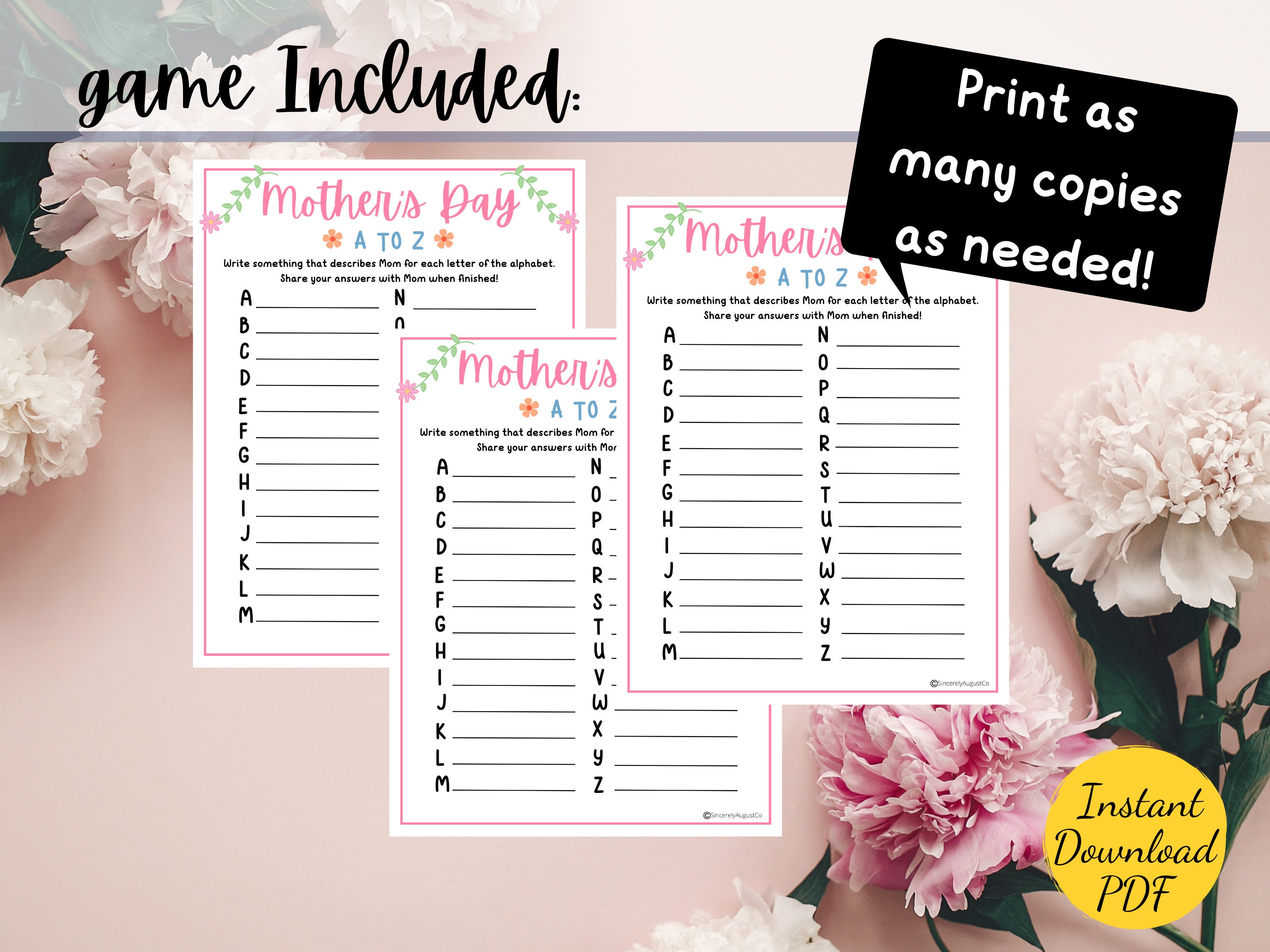 Mothers Day A TO Z Mothers Day Party Game Printable Mothers Day ...