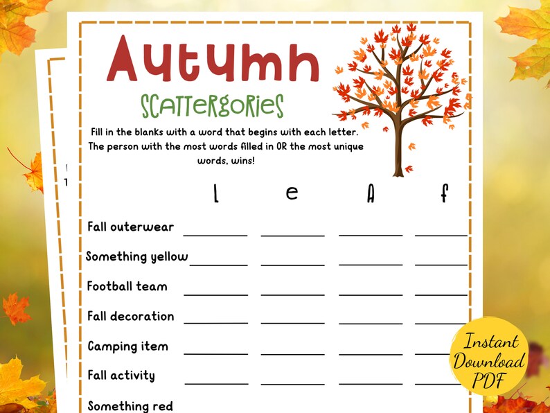 SCATTERGORIES Fall Game Printable Autumn Party Game - Etsy