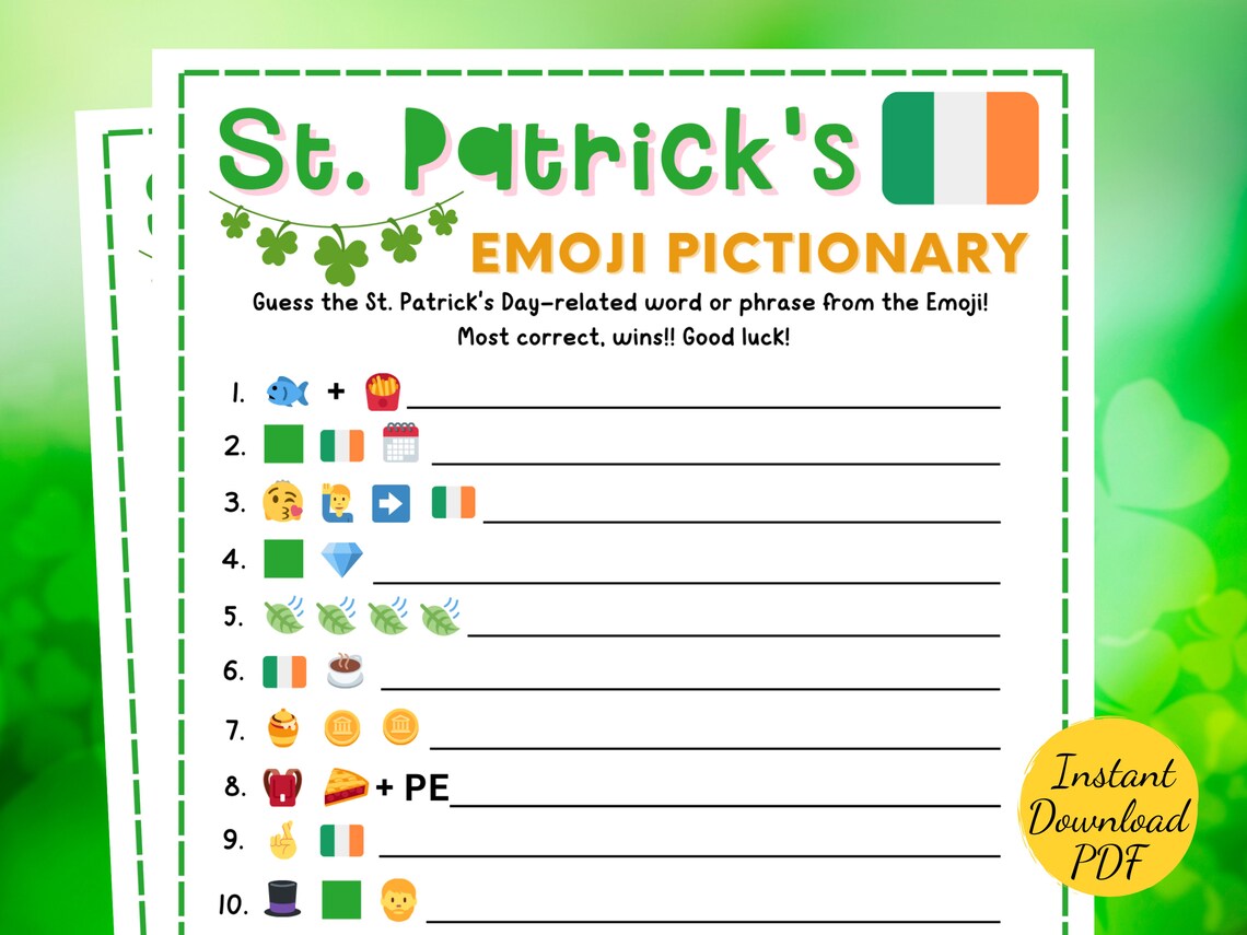 St. Patrick's Day EMOJI PICTIONARY Game St. Patrick's Day Party Game ...