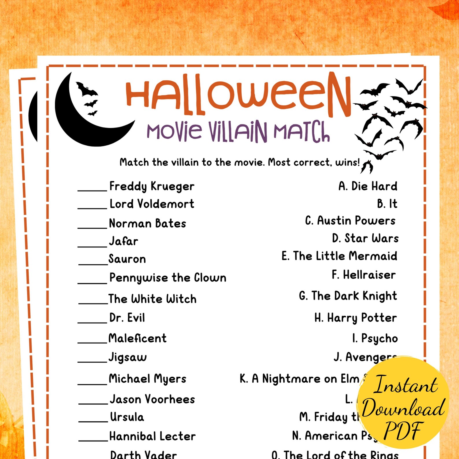 Halloween MOVIE VILLAIN MATCH Halloween Party Game Printable Halloween ...