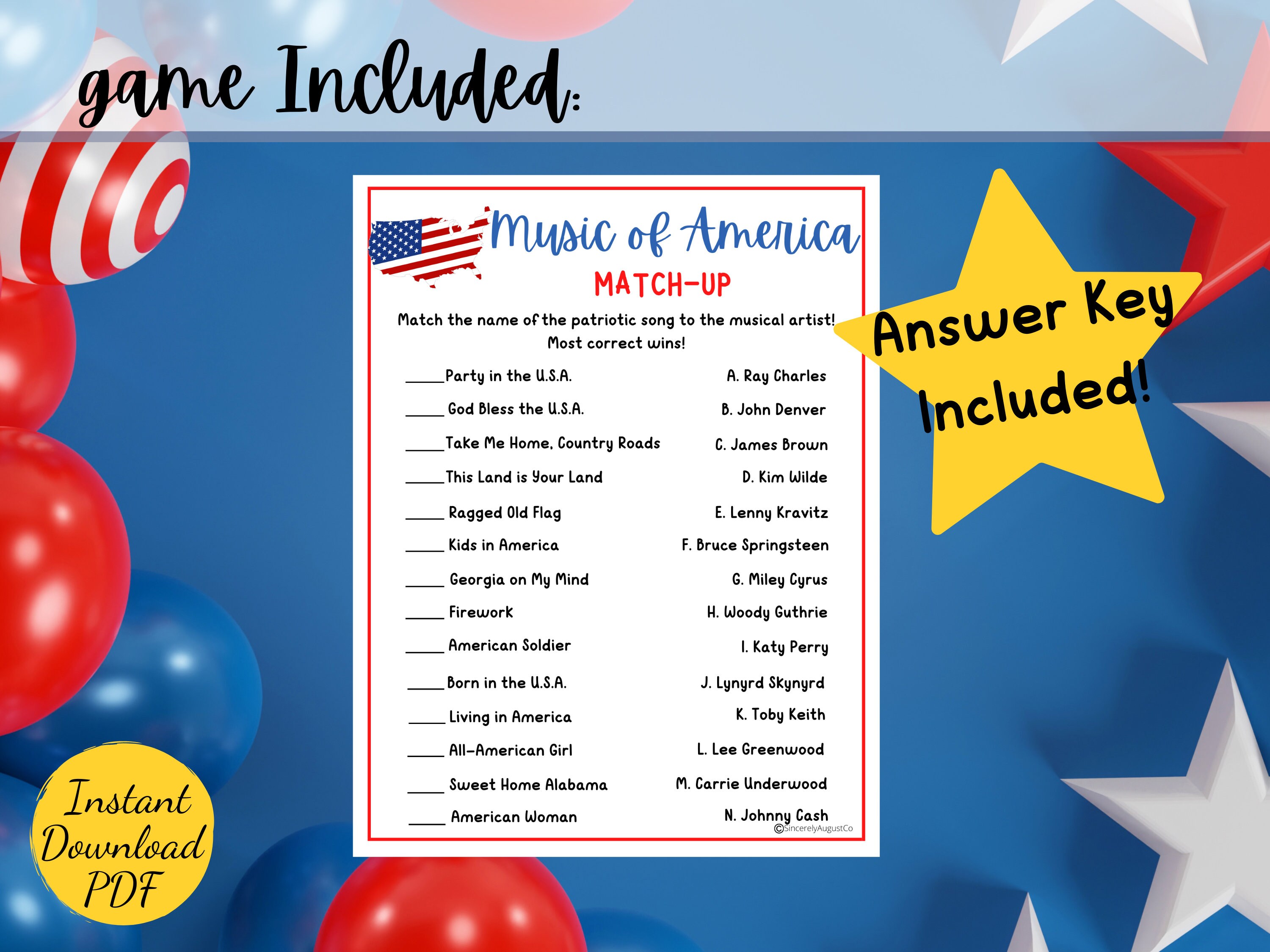Fourth of July MUSIC OF AMERICA Matching Game July 4th Party Game ...