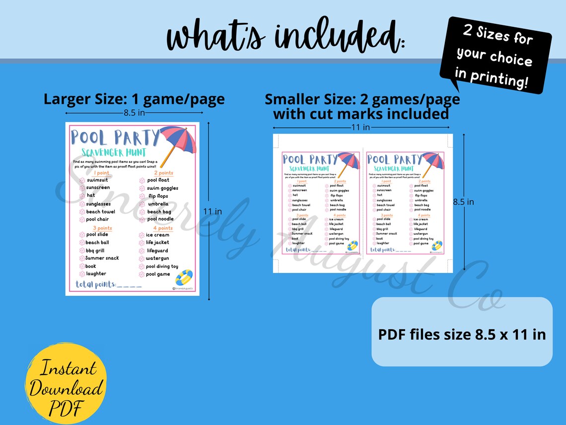 Pool Party SCAVENGER HUNT Game - Printable Pool Party Game -scavenger ...
