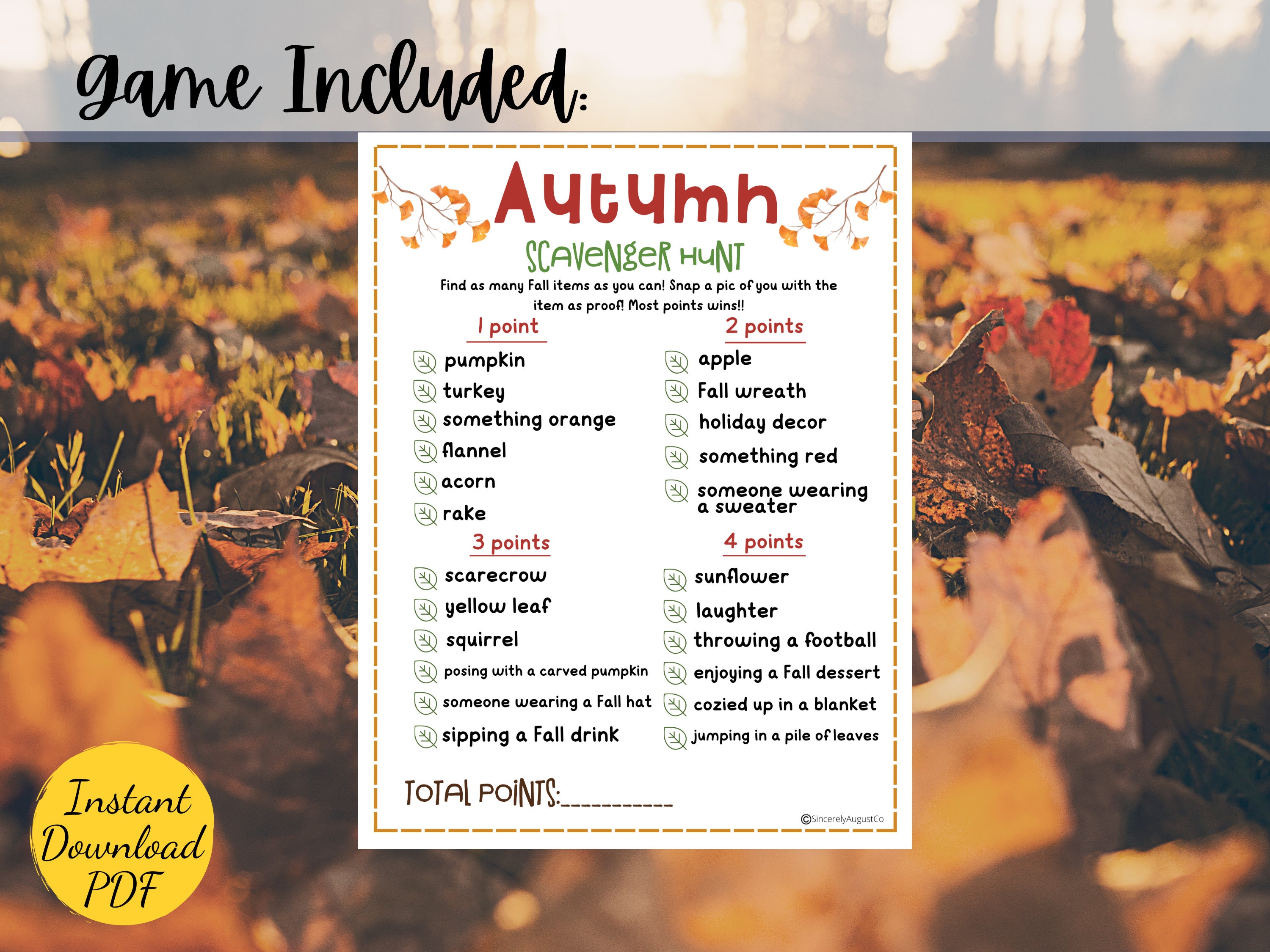 FALL SCAVENGER HUNT Printable Autumn Party Game Scavenger Hunt Game Fun ...