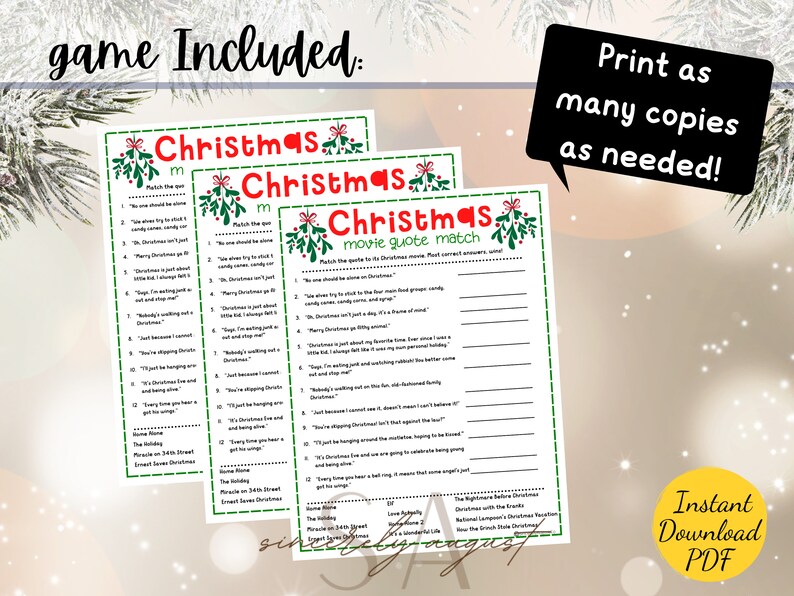 Christmas Movie Quotes Matching Game Christmas Party Game Printable ...