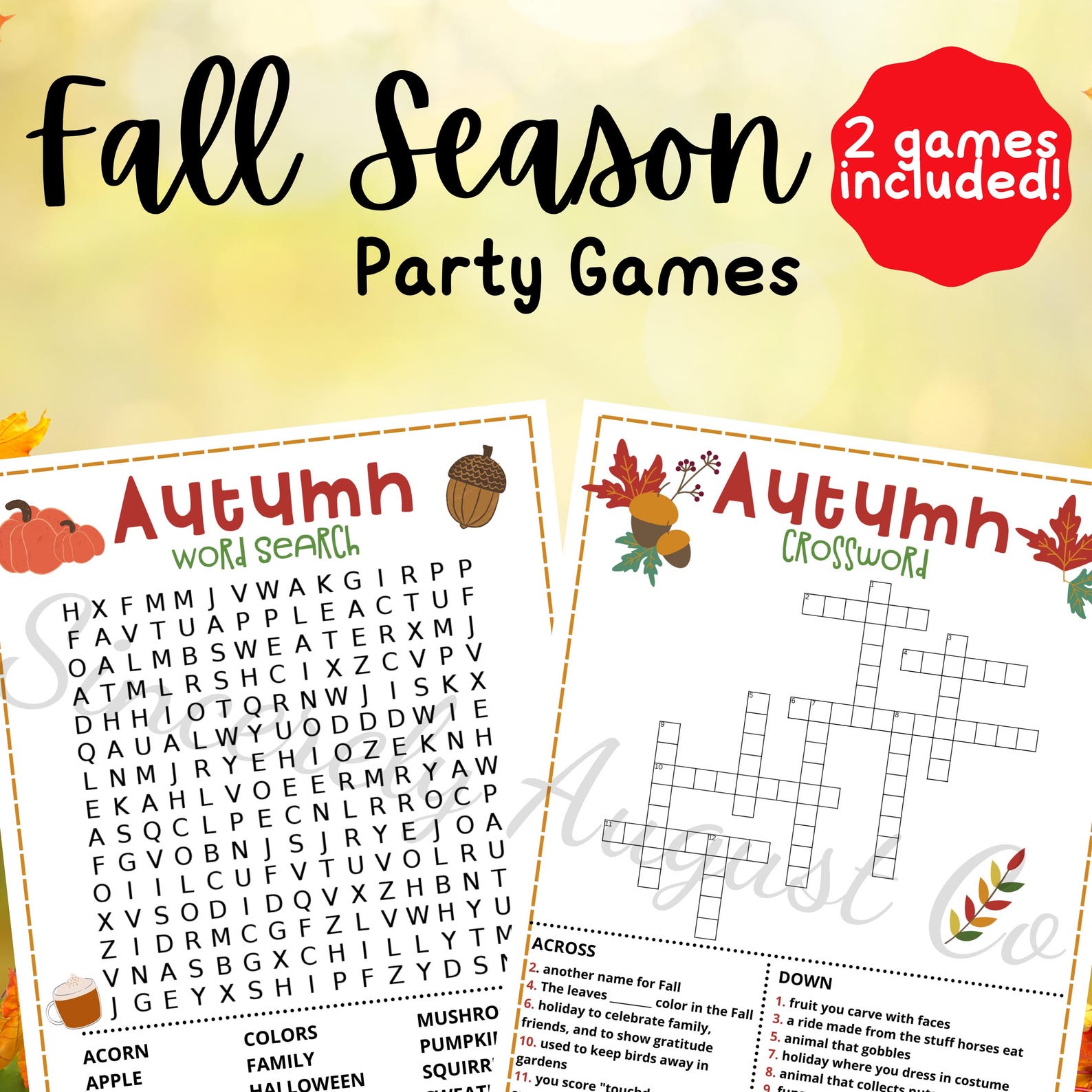 Fall WORD SEARCH - Fall CROSSWORD - Printable Fall Season Game - Autumn ...