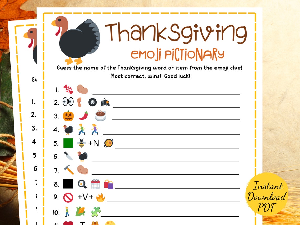 EMOJI PICTIONARY Thanksgiving Game Printable Thanksgiving Party ...
