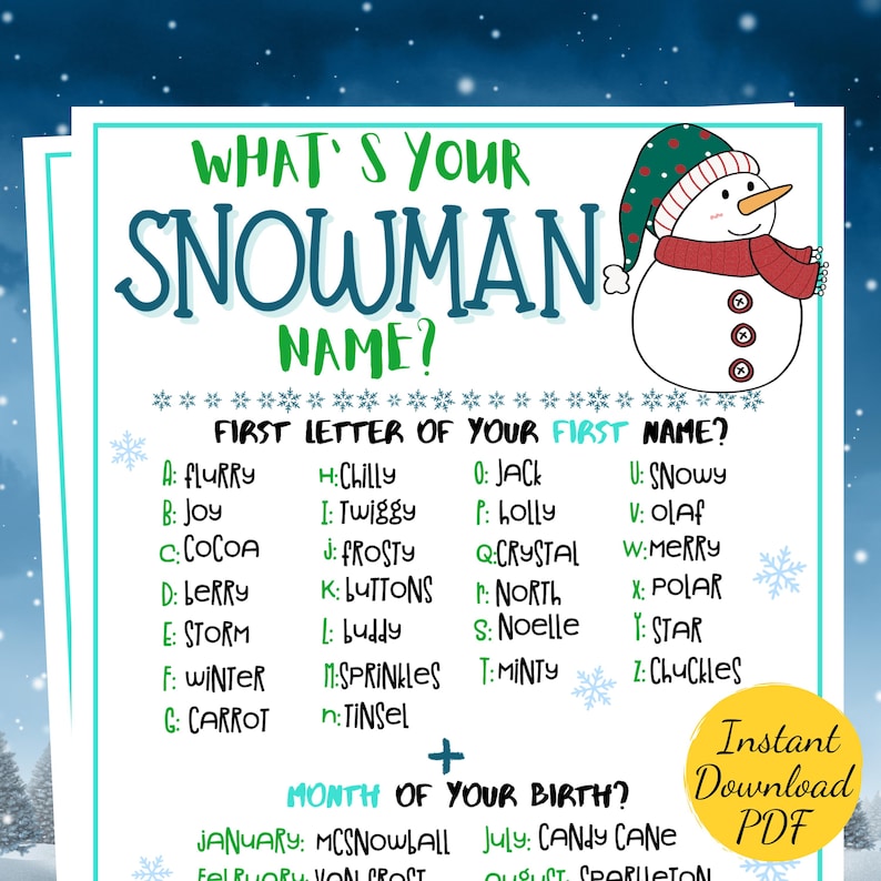 What's YOUR SNOWMAN NAME? - Printable Winter Season Party Activity ...