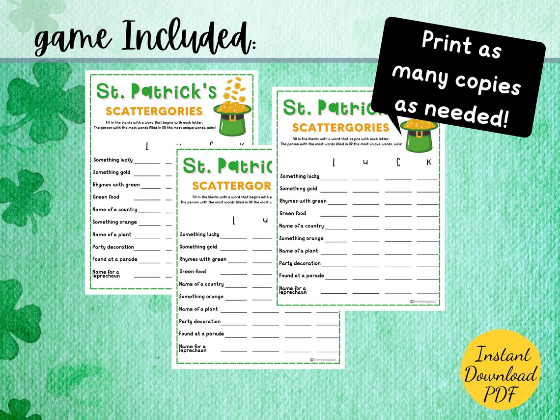 St. Patrick's Day SCATTERGORIES Game St. Patrick's Day Party Game ...